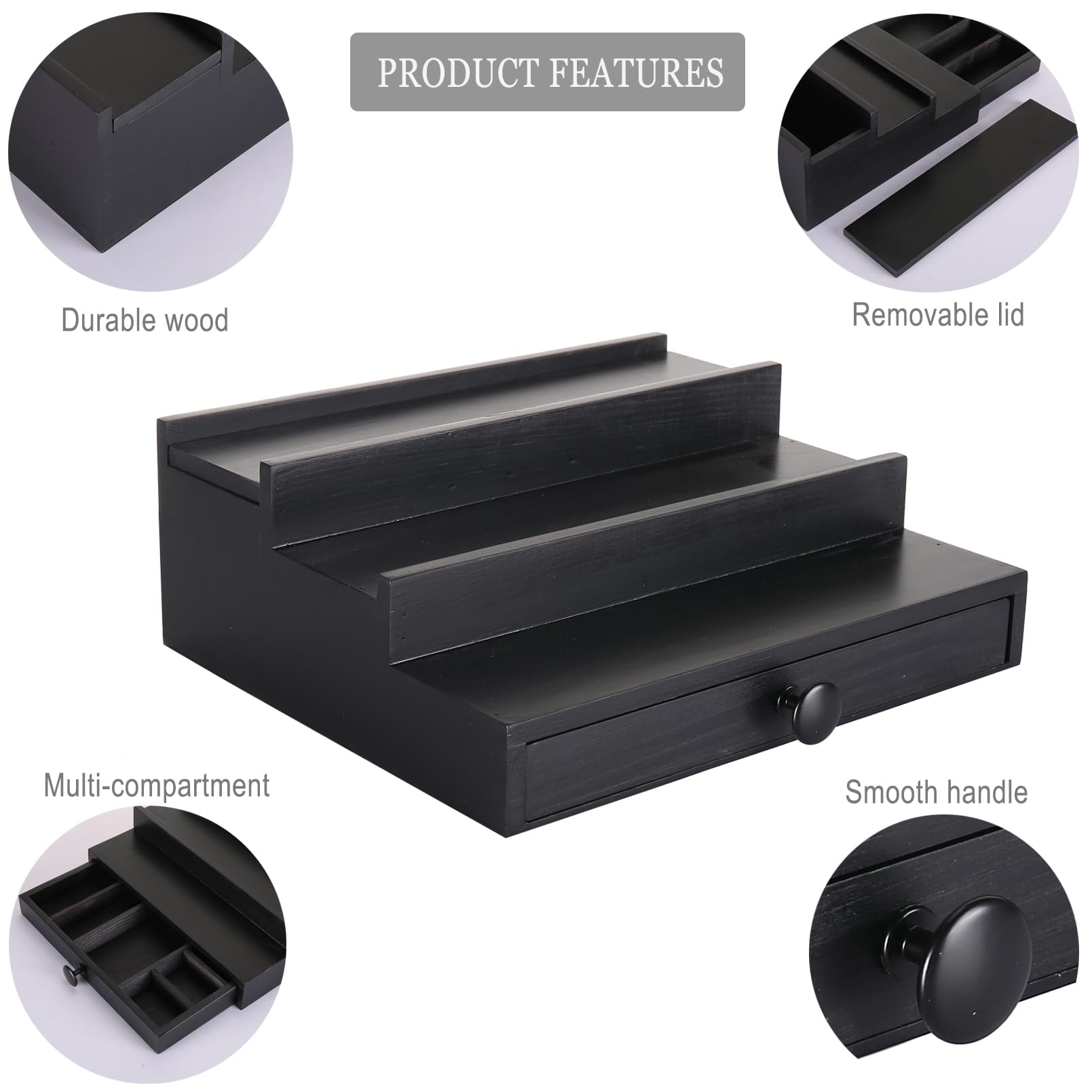 Black Wooden Cologne Organizer for Men - 3 Tier Wooden Perfume Display Stand with Drawer and Hidden Compartment for Organizing and Storing, Cologne Holder Shelf for Dresser