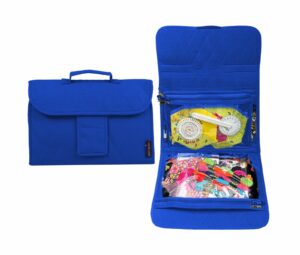 yazzii trifold craft project case - sewing and craft supplies storage tote, travel organizer bag with clear pockets and handle for knitting, crochet, sewing accessories - royal blue