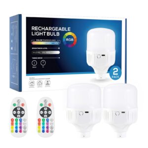 rechargeable led bulbs set of two with remote, 12 rgb colors & 3 light modes, dimmable battery operated bulbs, 5200mah, 10 brightness levels, timer function, f2 pack for bedroom, living room,