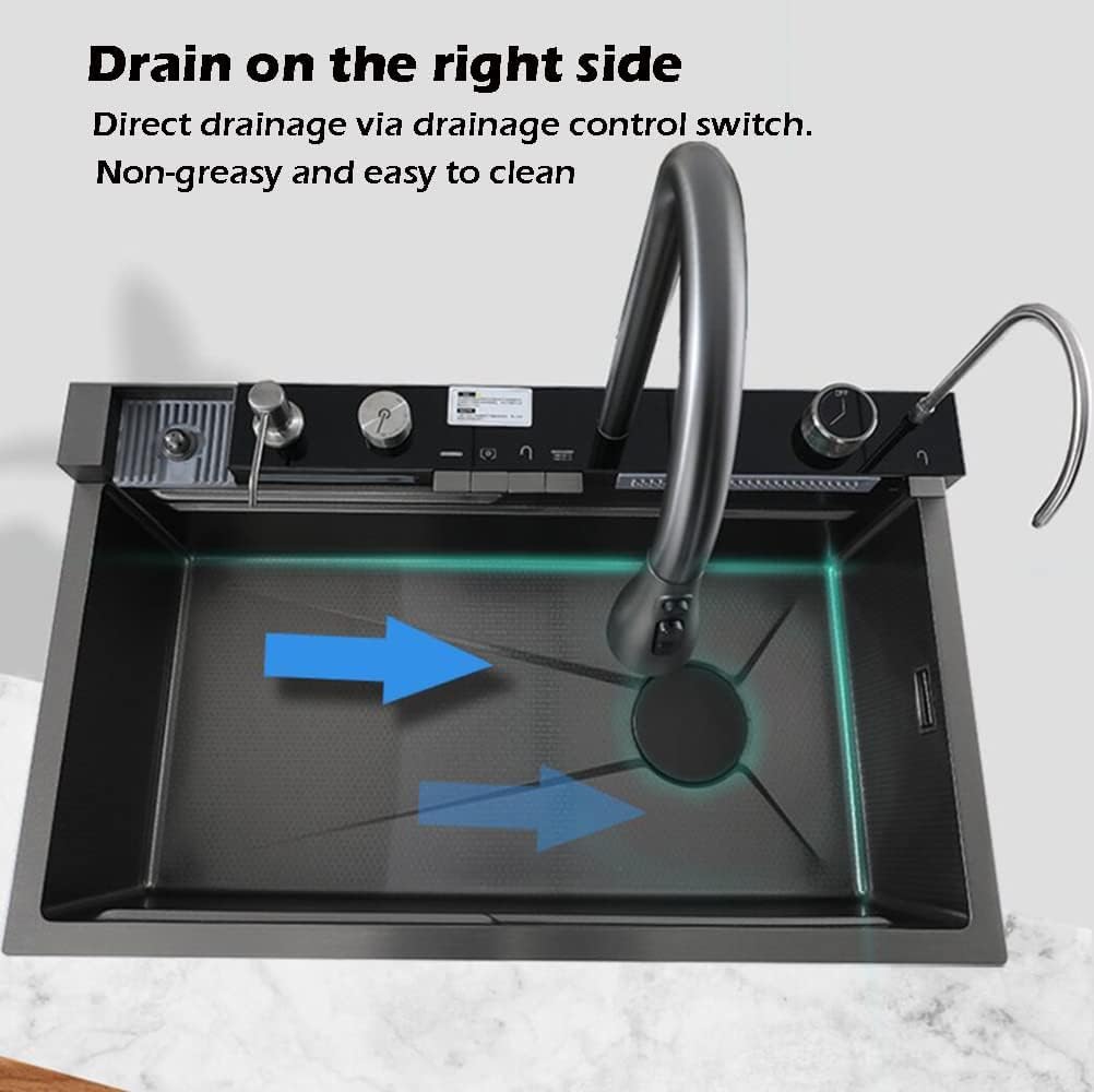 Digital Display Embossed Stainless Steel Nano Black Raindance Waterfall Drop In Sink with Pressurized Cup Washer and Two Waterfalls 29.5x18 INCH