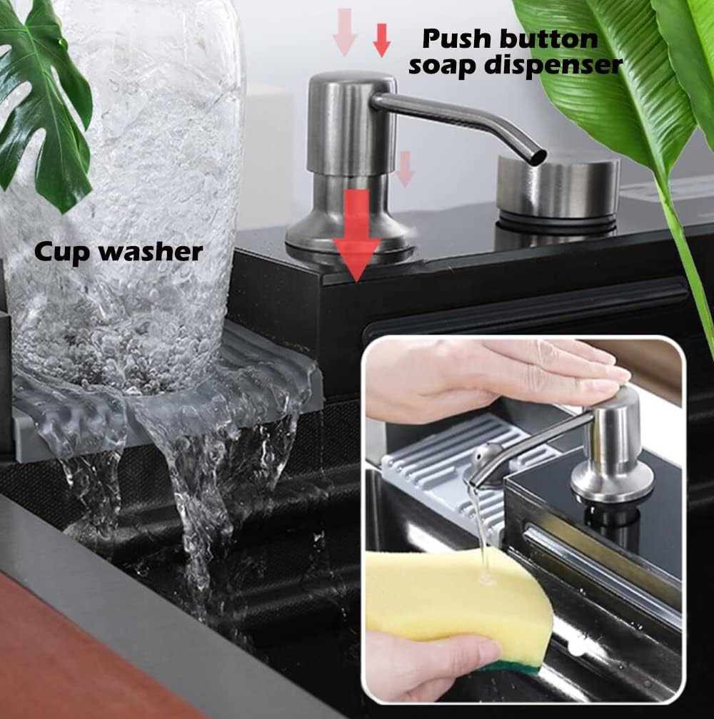 Digital Display Embossed Stainless Steel Nano Black Raindance Waterfall Drop In Sink with Pressurized Cup Washer and Two Waterfalls 29.5x18 INCH