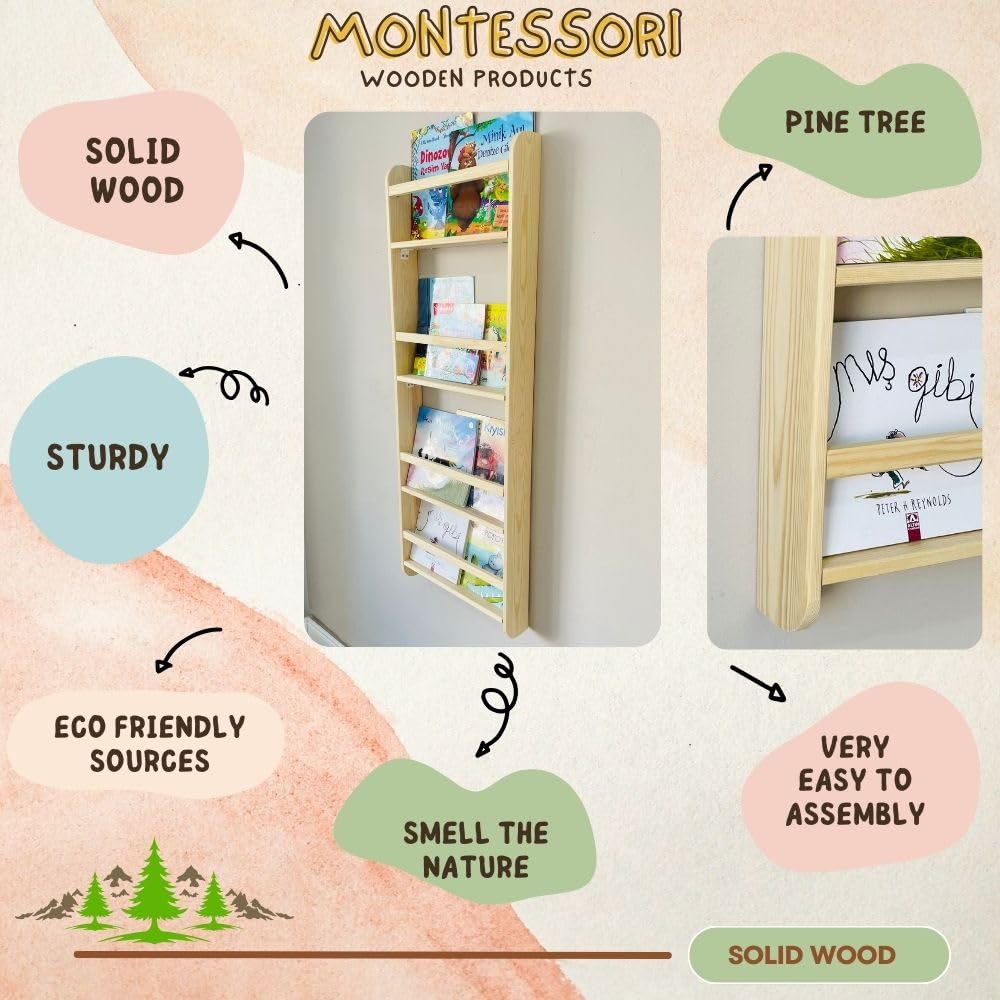 Handmade Solidwood Wall Mounted Montessori Kids Bookshelf, 4 Tier Book Display for Children Bedroom, Nursery Furniture Bookcase, Solid Wood Pine Tree Book Organiser for Living Room (Natural)