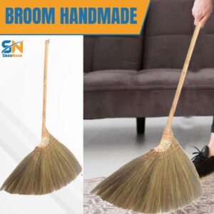 SN SKENNOVA Handmade Bamboo Grass Broom with Synthetic Rattan Binding - Tall 17" W x 40" H