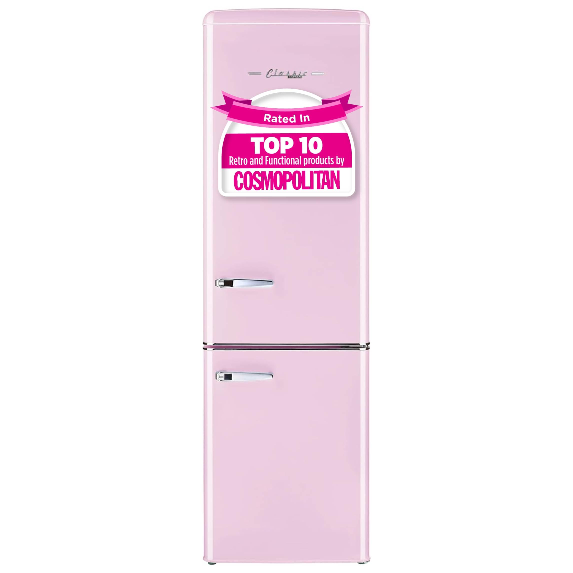 Unique Appliances UGP-275L BP AC Classic Retro Refrigerator 9 cu./ft. Electric Bottom-Mount Fridge, Metal, Sliding Non-Reversible Doors, Ideal for Fresh and Frozen Foods, Bubblegum Pink