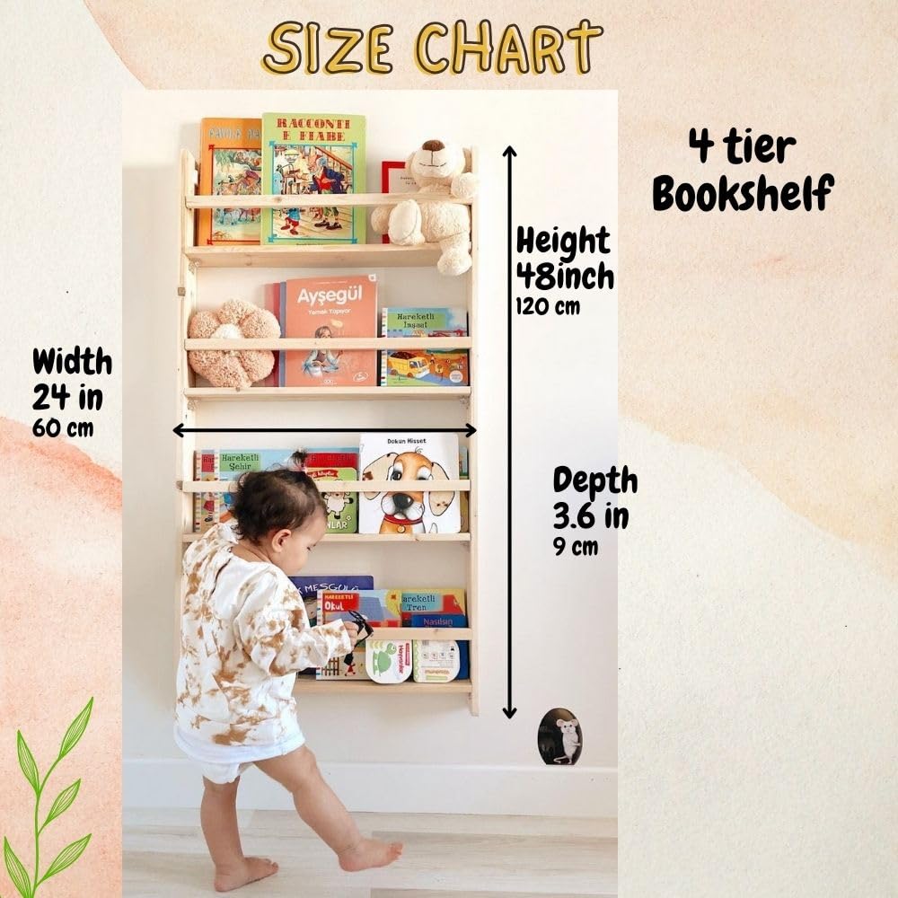 Handmade Solidwood Wall Mounted Montessori Kids Bookshelf, 4 Tier Book Display for Children Bedroom, Nursery Furniture Bookcase, Solid Wood Pine Tree Book Organiser for Living Room (Natural)