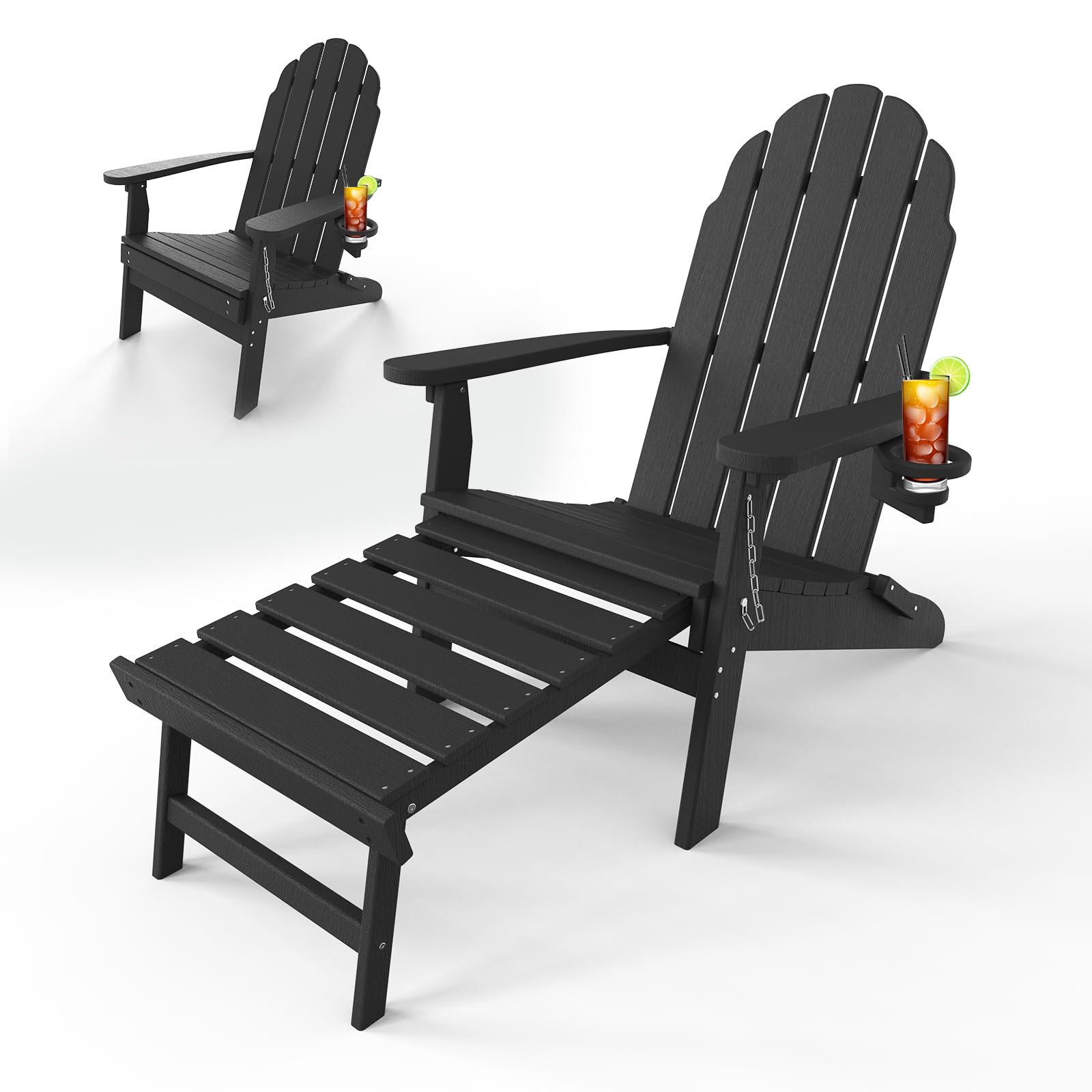 Folding Adirondack Chairs Set of 2, Retractable Ottoman, Poly Lumber Patio Chairs with Cup Holder, Weather Resistant Lawn Outdoor Fire Pit Chair for Porch, Pool, Deck, Backyard, Garden, Black