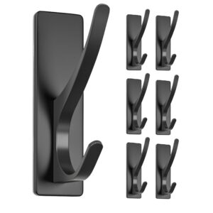 self adhesive coat hooks for hanging, heavy duty stainless double wall hook for towel, backpack, hat, sturdy metal hanger for bathroom, bedroom, door, wall mounted, 6 pack, matt black