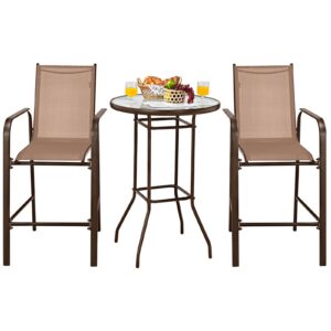 tangkula 3 pieces outdoor patio bar set, outdoor bistro set with 2 bar stools and 1 tempered glass bar table, bar height patio table and stools set for backyard, garden, lawn (coffee)