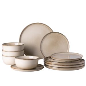 gbhome ceramic dinnerware sets for 4, 12 pieces stoneware plates and bowls sets, chip and scratch resistant dishes, dishwasher & microwave safe, reactive glaze-cappuccino