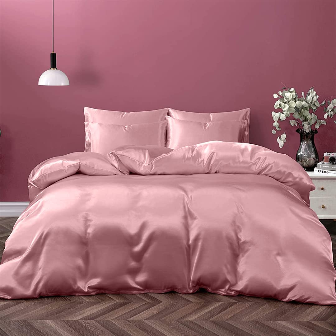 Kanak Bedding Satin 5 Piece Silk Like Duvet Cover Set,Ultra Soft and Breathable Bedding Set with 1pc Duvet Cover Zipper Closure & 4Pillow Cover.(Dusty Rose,Queen)