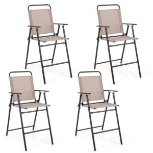 tangkula outdoor folding bar stool set of 4, patio dining chairs w/breathable fabric & metal frame, outdoor bar-height stools w/armrests, portable bar chairs for backyard poolside balcony