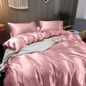 Kanak Bedding Satin 5 Piece Silk Like Duvet Cover Set,Ultra Soft and Breathable Bedding Set with 1pc Duvet Cover Zipper Closure & 4Pillow Cover.(Dusty Rose,Queen)