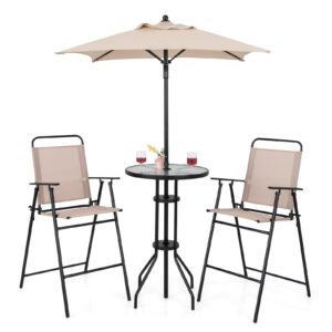 giantex 4-piece outdoor bar set, round high top bar table with 2 folding counter height chairs & umbrella, patio bistro table set with tempered glass top for garden porch poolside, beige