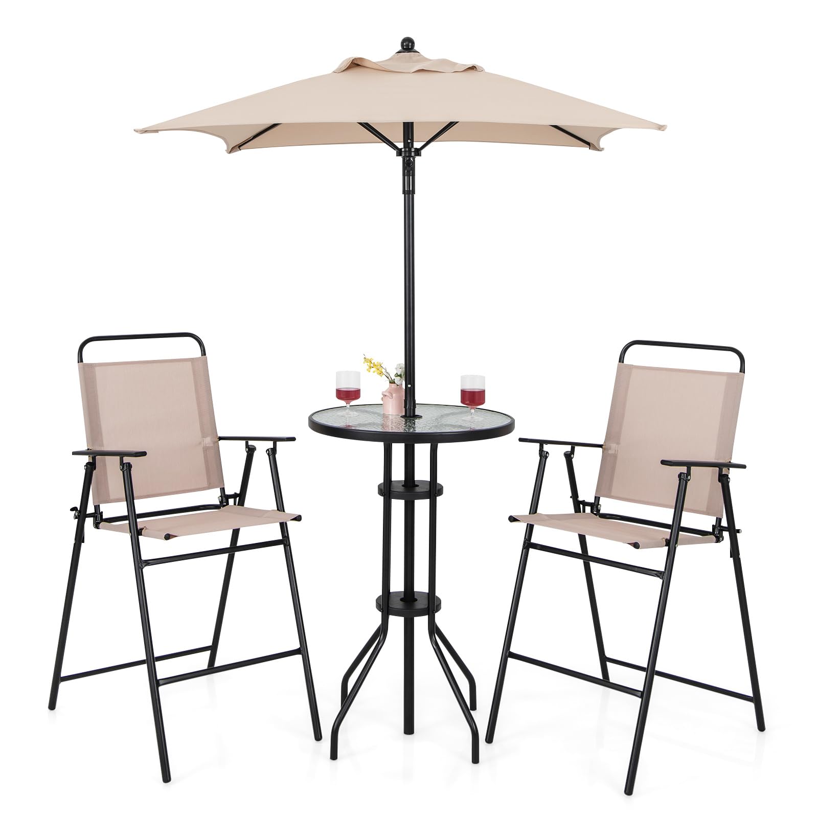 Giantex 4-Piece Outdoor Bar Set, Round High Top Bar Table with 2 Folding Counter Height Chairs & Umbrella, Patio Bistro Table Set with Tempered Glass Top for Garden Porch Poolside, Beige