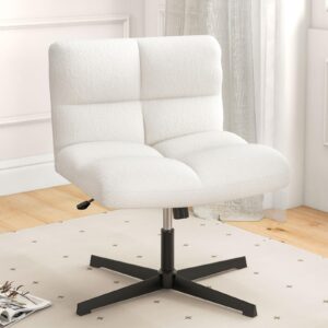 giantex criss cross chair, faux fur armless cross legged office desk chair no wheels, height adjustable computer swivel task chair, modern wide seat boucle vanity chair for home office, white