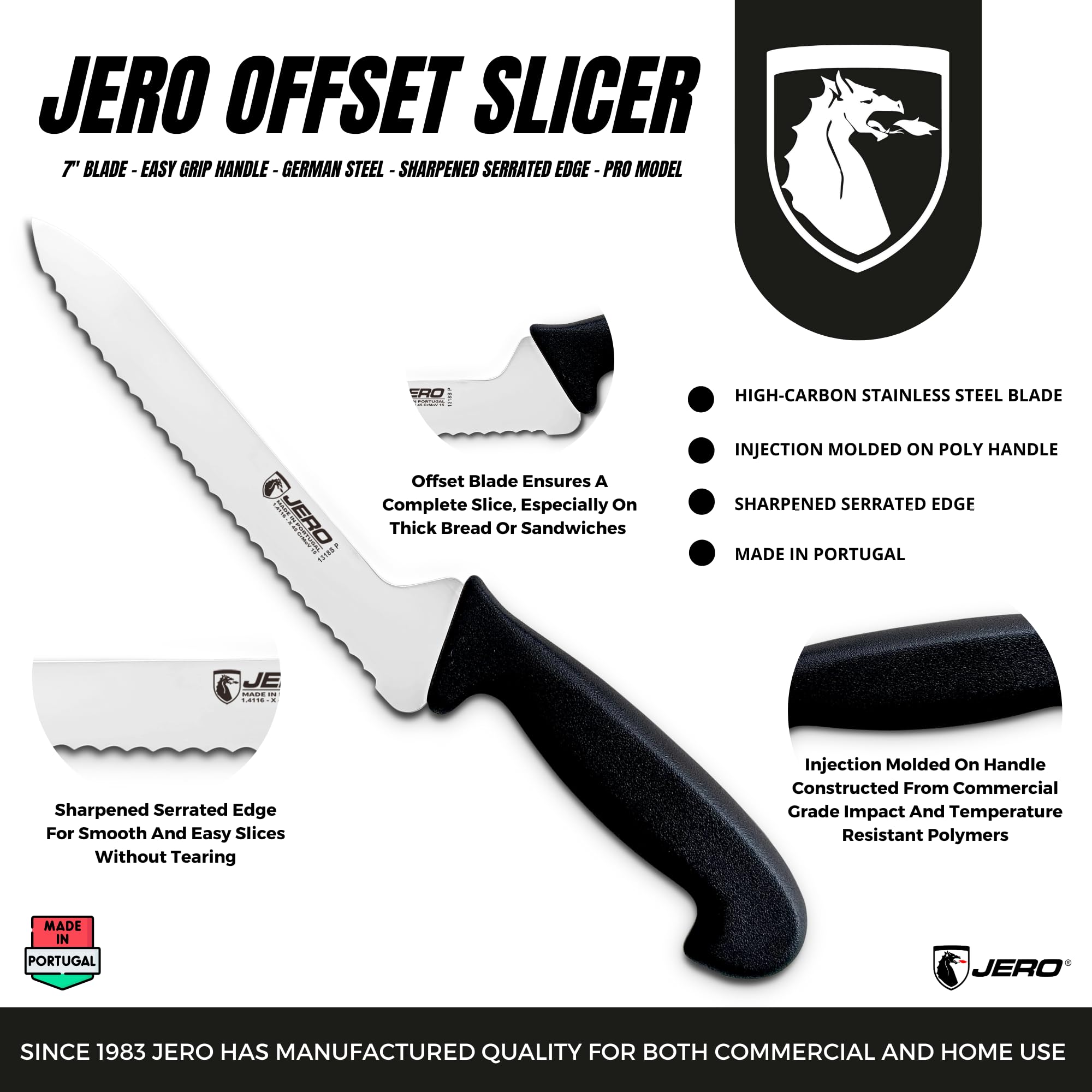 Jero 7 Inch Offset Serrated Slicing Knife - High-Carbon Stainless Steel Sharp Serrated Blade - For Bread, Sandwiches, Smoked Meats, Vegetables - Made In Portugal