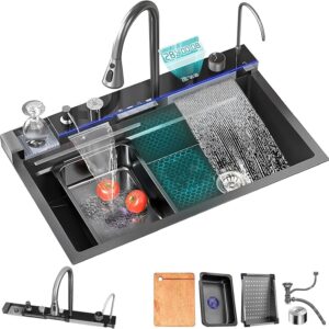 digital display embossed stainless steel nano black raindance waterfall drop in sink with pressurized cup washer and two waterfalls 29.5x18 inch