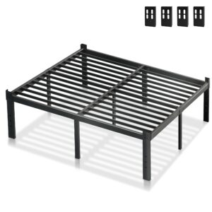 queen bed frame 16 inch high metal platform bed frame with 4 mattress retainers heavy duty steel slats black kids queen size bed frame with headboard hole no box spring needed noise free easy assembly