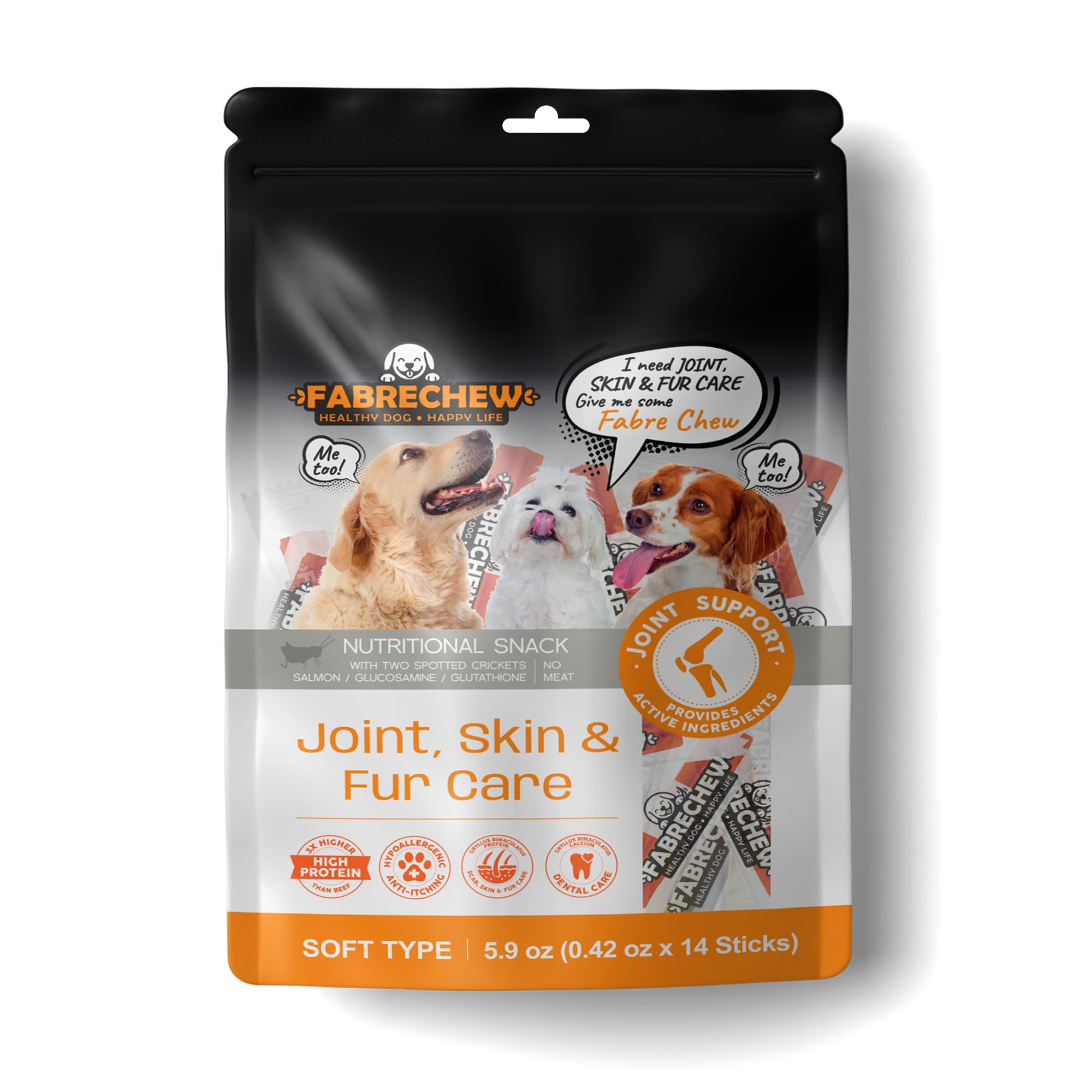 Fabrechew Orange Joint, Skin & Fur Care Dog Treats : High-Protein Dental Snacks with Cricket Protein, Hypoallergenic, Meat Free, Supports Joint Health & Promotes Skin and Coat, Soft Type (14 Pcs)