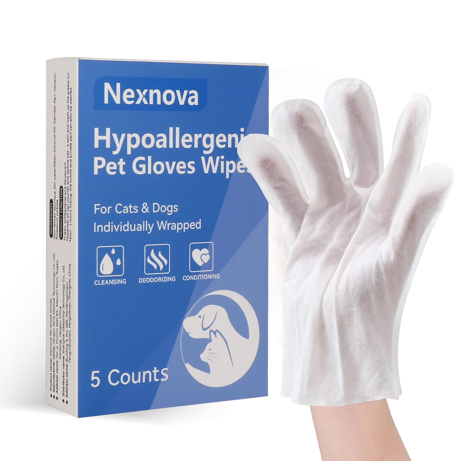 Nexnova™ Glove Wet Wipes for Pets Dogs and Cats, 5 pcs, Cleaning Deodorizing Bathing Hypoallergenic Grooming Unscented