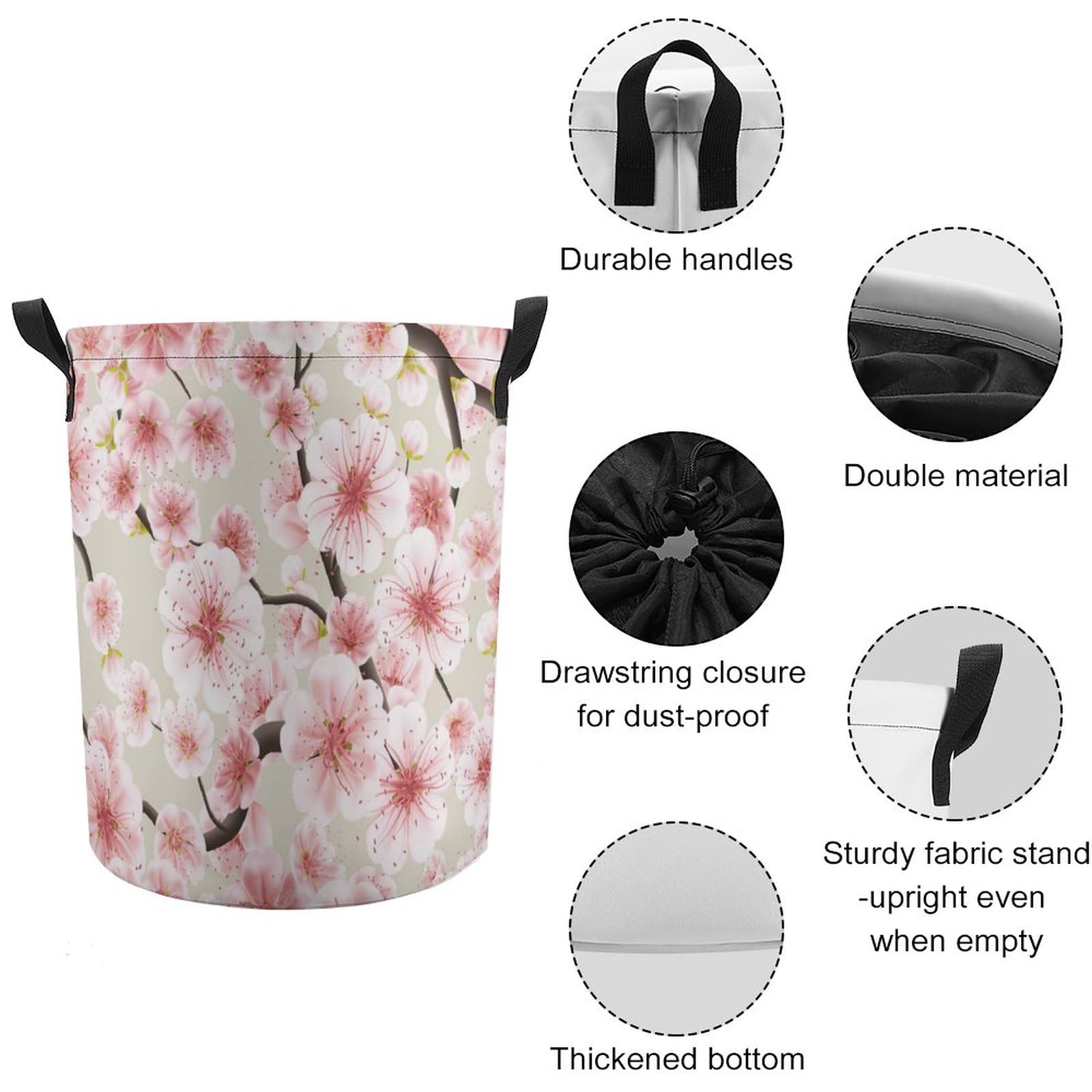 Seamless Japanese Pink White Cherry Blossom Flowers Drawstring Collapsible Waterproof Laundry Hamper, Oxford Cloth Washing Basket Bin Storage Bucket with Handles for Toys Clothes