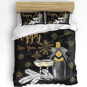 zoe garden happy new year bed duvet cover queen size, washed patterned textured duvet cover sets with zipper & tiers, microfiber soft comforter thick luxury quilt cover black gold silver