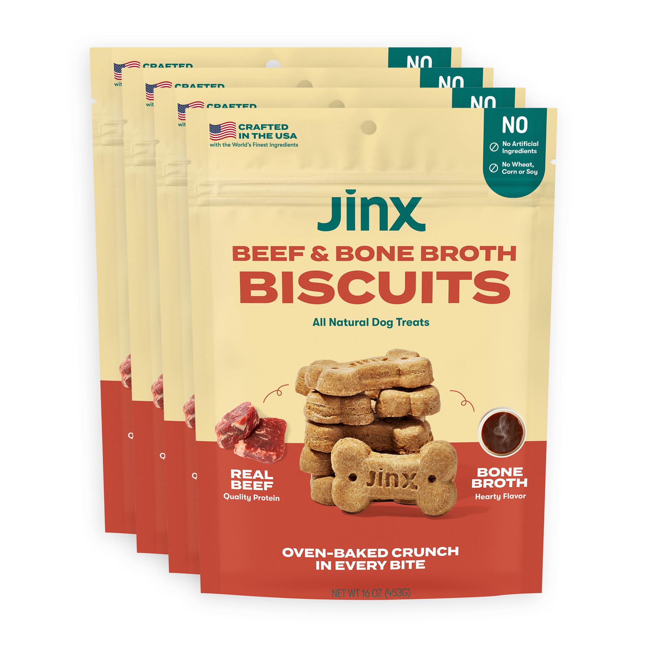 Jinx Oven-Baked Beef Bone Broth Biscuit Treats, Crunchy, All Natural, Superfood-Rich with Real Beef, Pumpkin & Blueberries, 16oz, 4 Pack