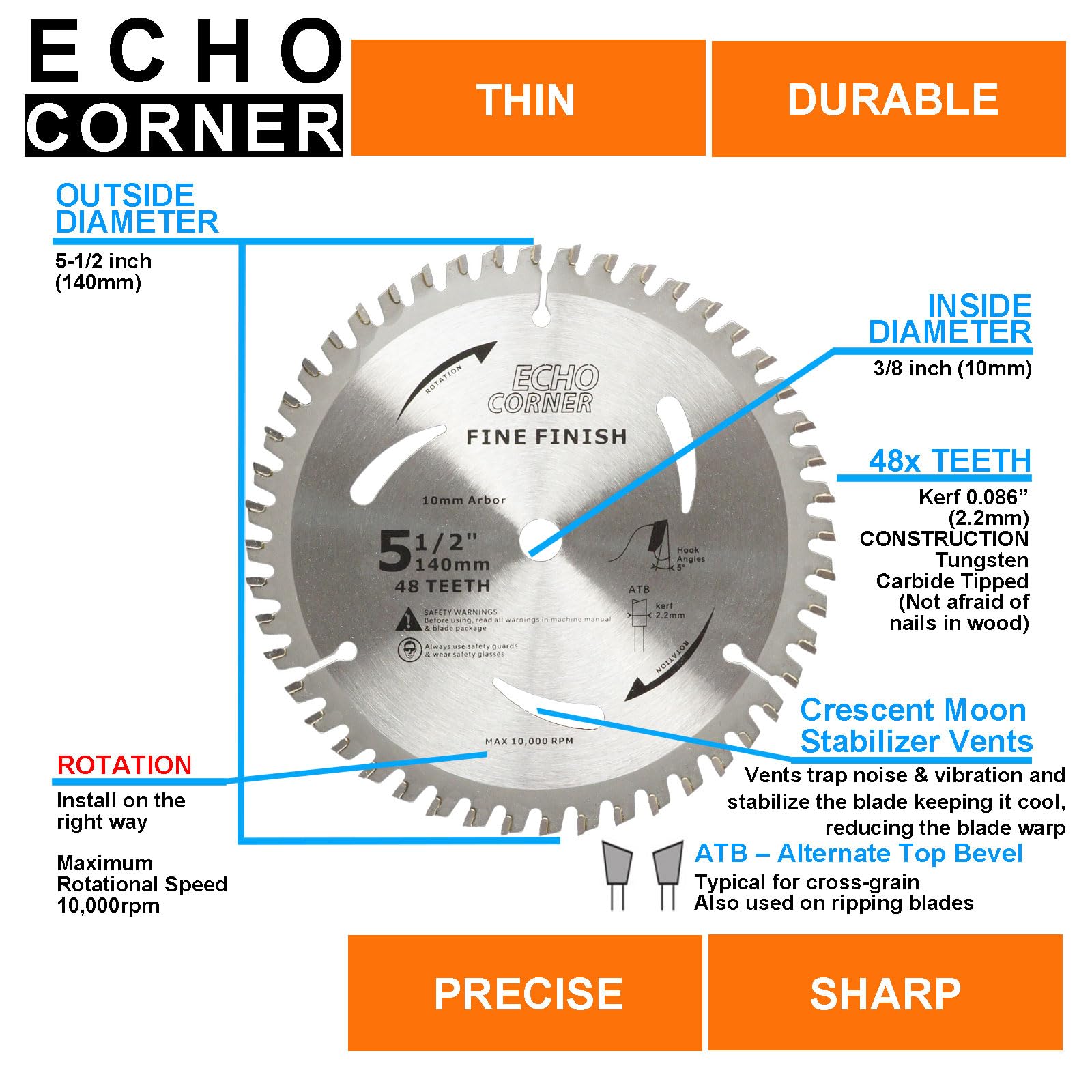 Echo Corner 5-1/2" (10mm Arbor) Circular Saw Blades 48Tooth+24Tooth, Heavy Duty Combo Pack Carbide TCT Fine Cut Fine Finish Crosscut Framing Ripping Wood Plywood MDF Plastic Veneer Lumber Laminate