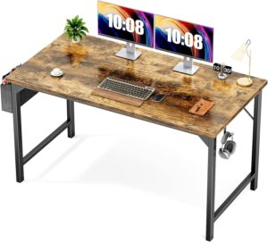 sweetcrispy computer desk - office 48 inch writing work student study modern simple style wooden table with storage bag & iron hook for home bedroom - rustic brown