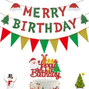 christmas birthday banner merry birthday christmas banner decorations red green glitter christmas xmas tree decorations birthday cake toppers decoration baby shower vacation holiday party decorations