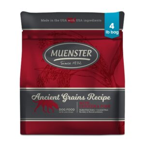 muenster adult dry dog food, small breed, large breed - 4lb bag ancient grain w/chicken & pork - little bites – gluten free, non-gmo high protein dog food - soft & healthy digestive dog kibble