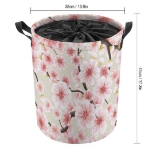 Seamless Japanese Pink White Cherry Blossom Flowers Drawstring Collapsible Waterproof Laundry Hamper, Oxford Cloth Washing Basket Bin Storage Bucket with Handles for Toys Clothes