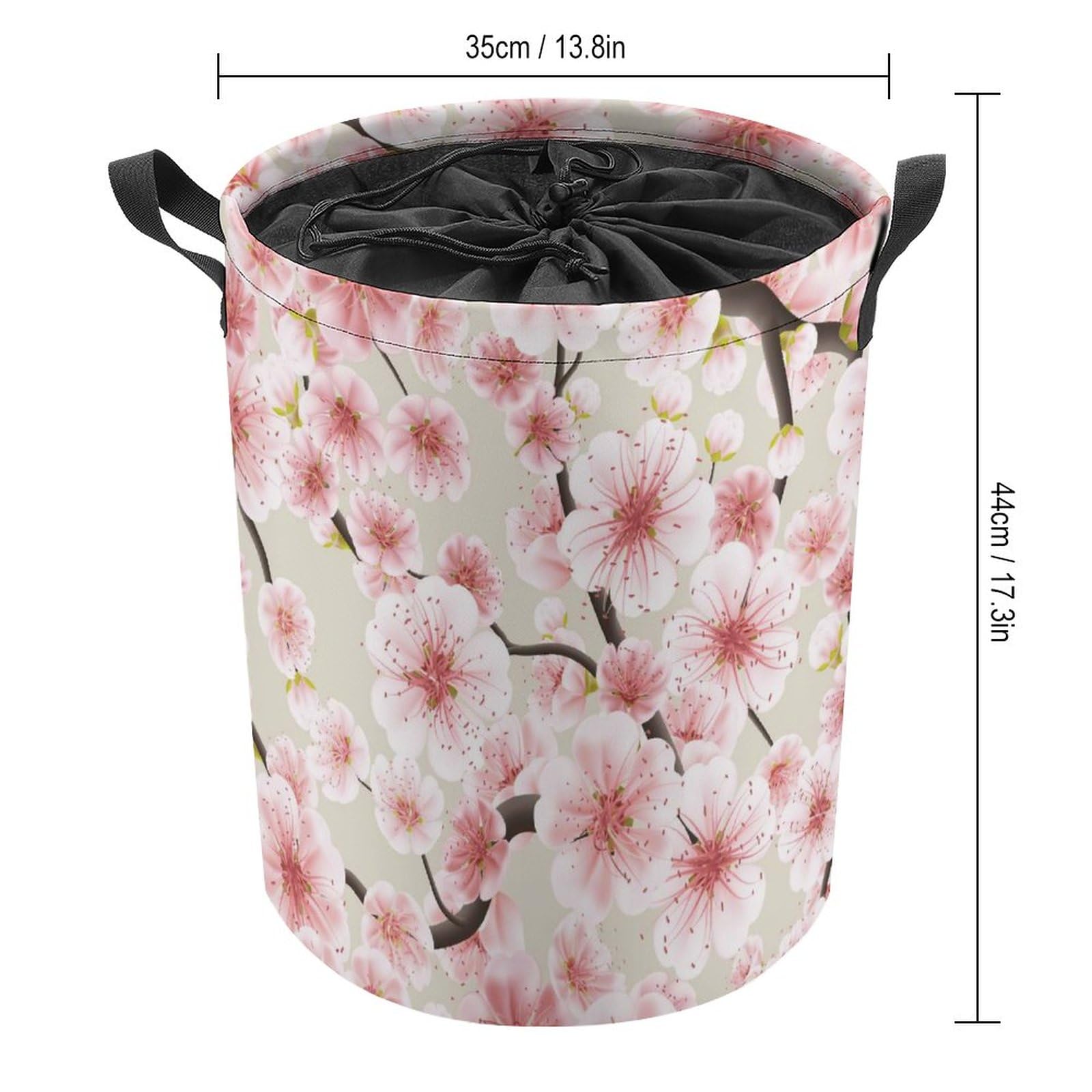 Seamless Japanese Pink White Cherry Blossom Flowers Drawstring Collapsible Waterproof Laundry Hamper, Oxford Cloth Washing Basket Bin Storage Bucket with Handles for Toys Clothes