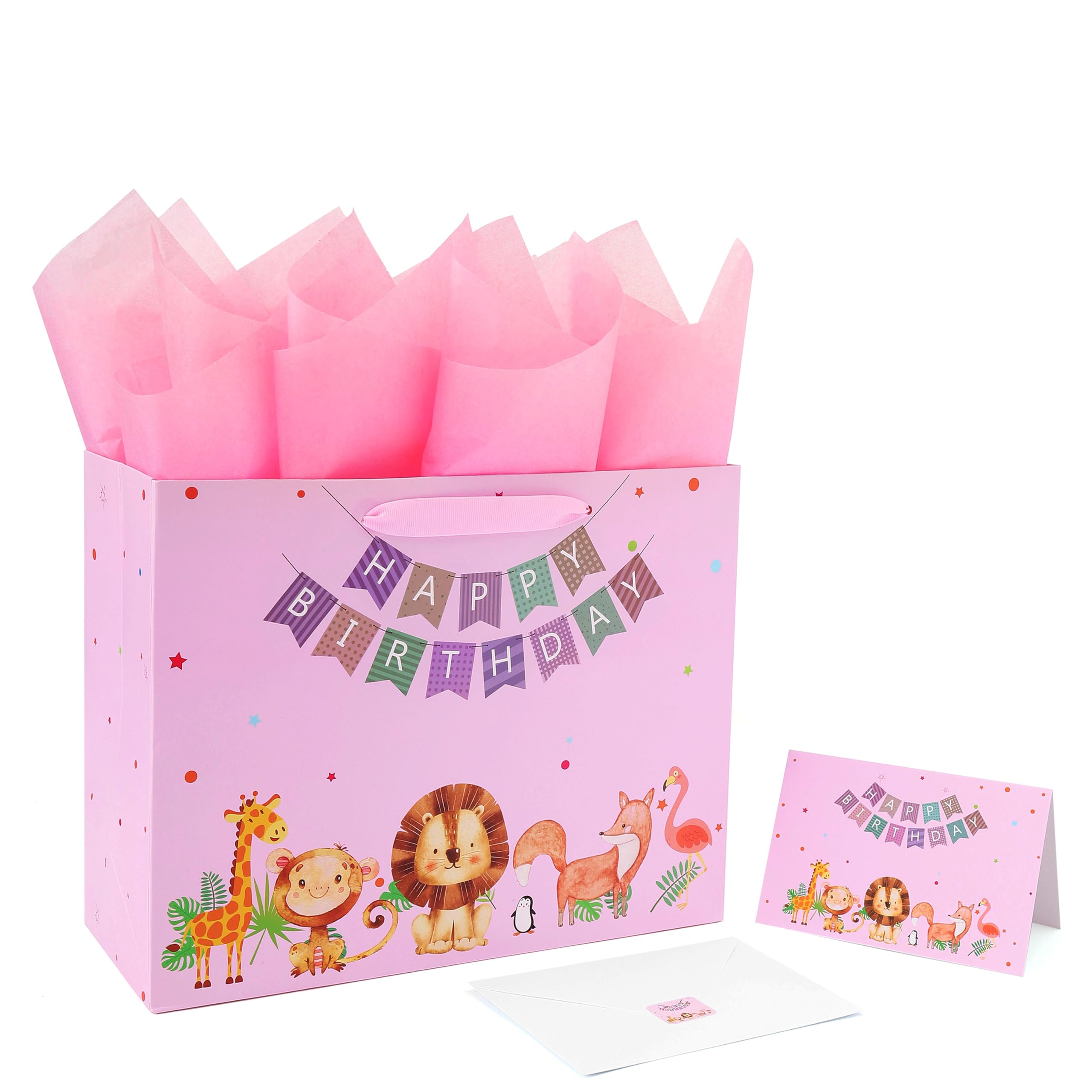 13" Large Pink Gift Bag Set with Greeting Card and Tissue Papers (Animal and Happy Birthday) for Girls', or Kids' Party, Baby Showers, Baby Girls, Newborn, New Moms or Parents- 13”x5.2”x10.2”, 1 Pcs