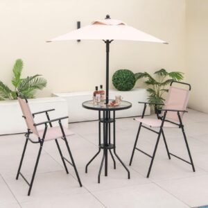 Giantex 4-Piece Outdoor Bar Set, Round High Top Bar Table with 2 Folding Counter Height Chairs & Umbrella, Patio Bistro Table Set with Tempered Glass Top for Garden Porch Poolside, Beige