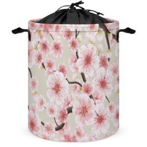 seamless japanese pink white cherry blossom flowers drawstring collapsible waterproof laundry hamper, oxford cloth washing basket bin storage bucket with handles for toys clothes