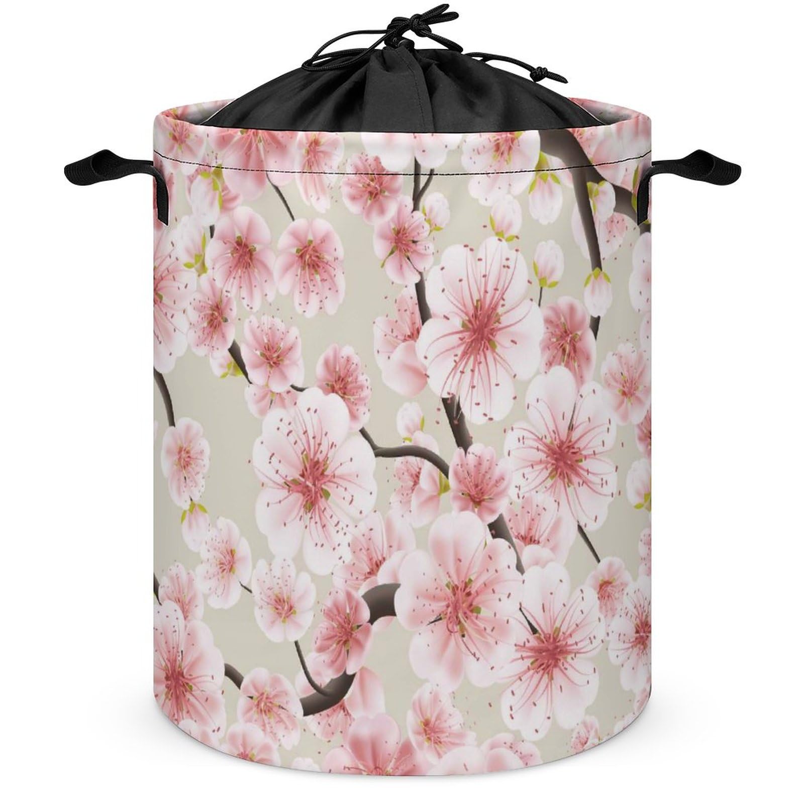 Seamless Japanese Pink White Cherry Blossom Flowers Drawstring Collapsible Waterproof Laundry Hamper, Oxford Cloth Washing Basket Bin Storage Bucket with Handles for Toys Clothes