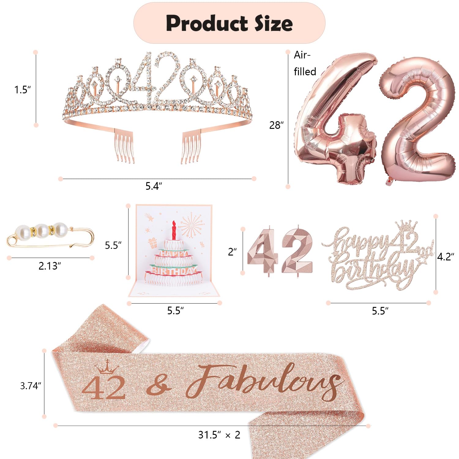 42nd Birthday Decorations for Her Women, Including 42 year old Birthday Cake Topper, Birthday Queen Sash with Pearl Pin, Sweet Rhinestone Tiara Crown, Number Candles and Balloons Set, Rose Gold