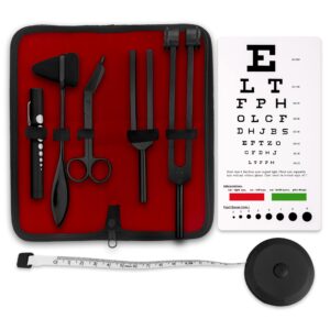 asa techmed premium 7 piece tactical black diagnostic kit - taylor hammer, measuring tape, tuning forks, bandage scissors, pupil gauge penlight, snellen eye chart (black)