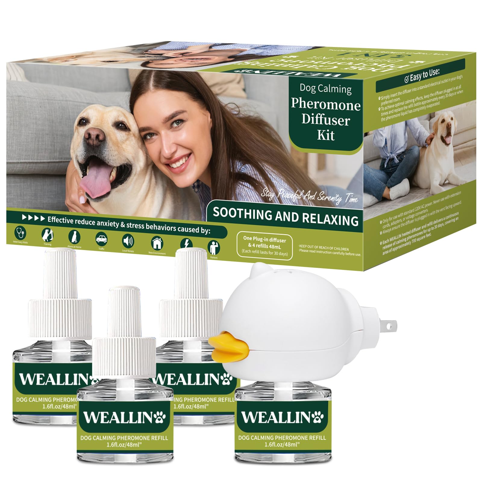 Woyamay Dog Calming Diffuser Kit - Dog Pheromones for Anxiety Relief-5-in-1 Kit with 1 Diffuser+4 Refill Vials (48ml) - Up to 120 Days of Stress Reduction, Reduces Separation Anxiety and Aggression