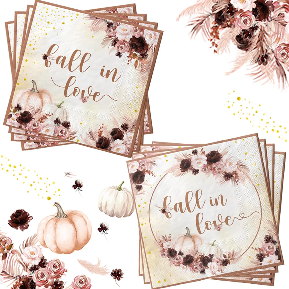 Fall in Love Bridal Shower Napkins Fall in Love Bridal Shower Decorations 40Pcs Fall in Love Napkins Fall Pumpkin Maple Leaf Napkins for Autumn Thanksgiving Party Disposable Supplies…