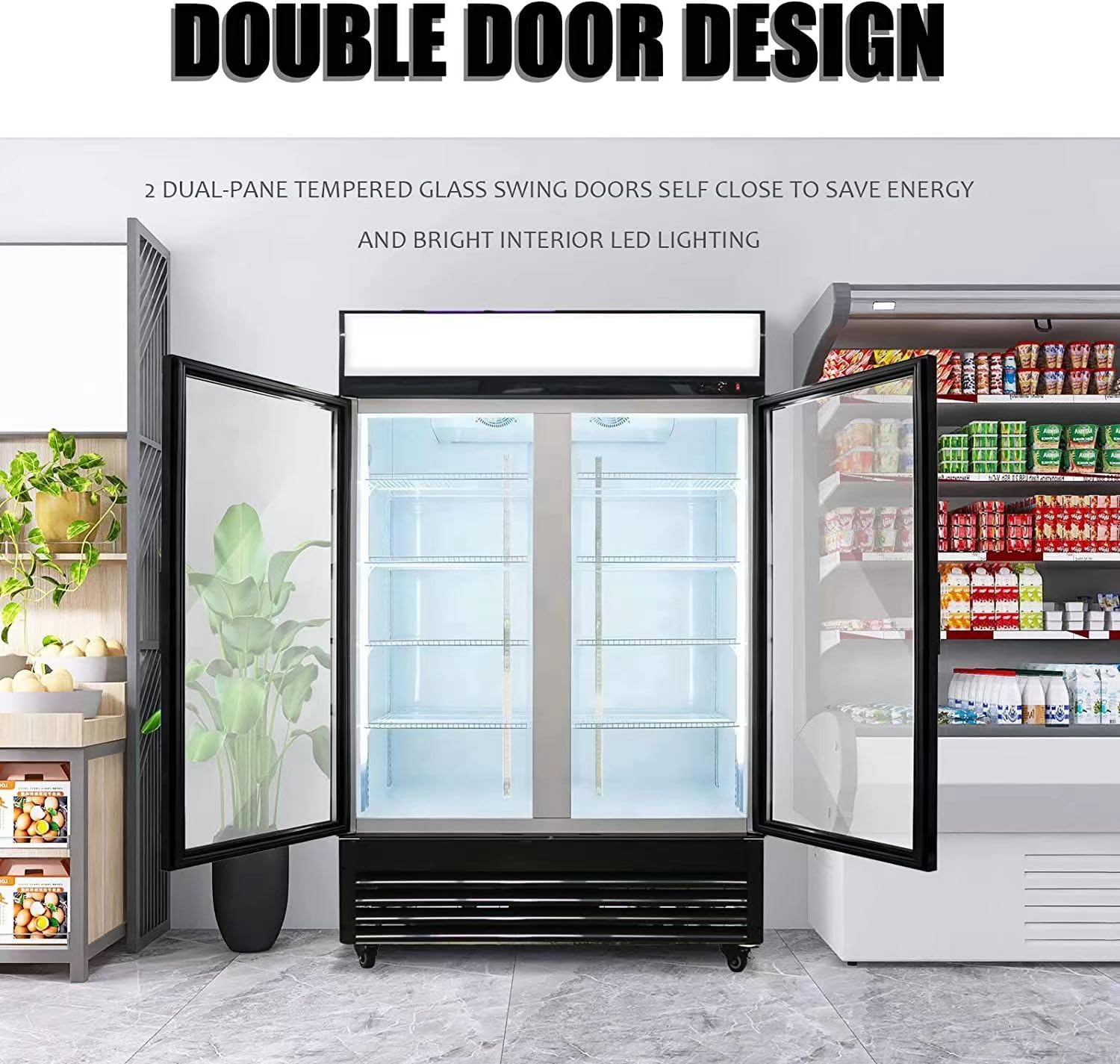 FRICOOL 51" Commercial Glass 2 Door Display Refrigerator Merchandiser - Upright Beverage Cooler With Led Lighting