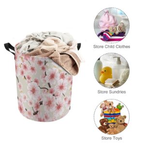 Seamless Japanese Pink White Cherry Blossom Flowers Drawstring Collapsible Waterproof Laundry Hamper, Oxford Cloth Washing Basket Bin Storage Bucket with Handles for Toys Clothes