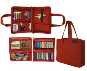 yazzii sewing notions tote- portable sewing accessories organizer w detached sleeves - red