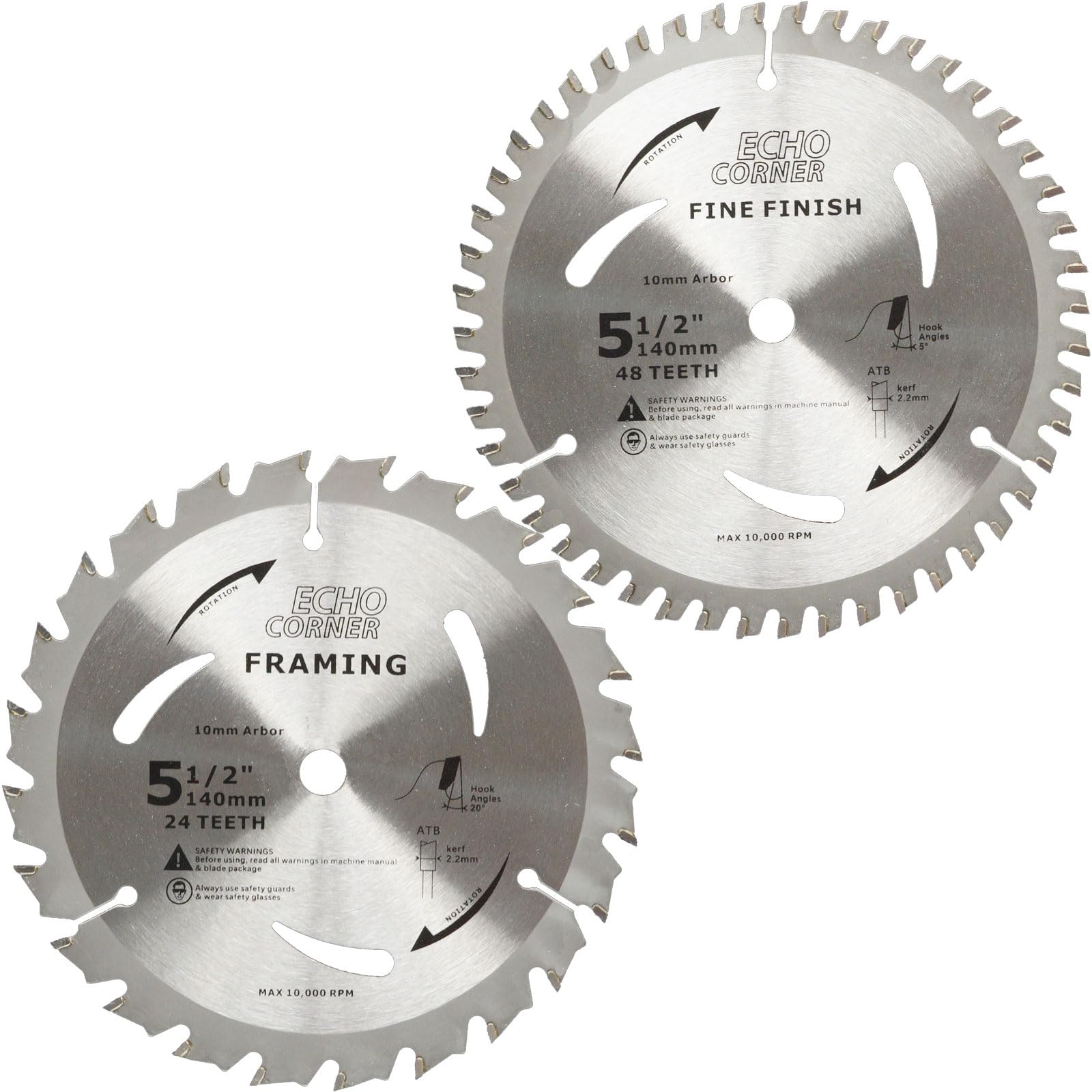 Echo Corner 5-1/2" (10mm Arbor) Circular Saw Blades 48Tooth+24Tooth, Heavy Duty Combo Pack Carbide TCT Fine Cut Fine Finish Crosscut Framing Ripping Wood Plywood MDF Plastic Veneer Lumber Laminate