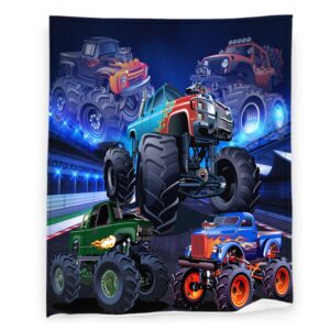 monster truck blanket 40" x 50" 3d fleet racing car stadium game cool blue super soft bedding fleece throw blanket microfiber flannel blankets couch sofa warm lightweight for boys girls