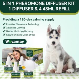 Woyamay Dog Calming Diffuser Kit - Dog Pheromones for Anxiety Relief-5-in-1 Kit with 1 Diffuser+4 Refill Vials (48ml) - Up to 120 Days of Stress Reduction, Reduces Separation Anxiety and Aggression