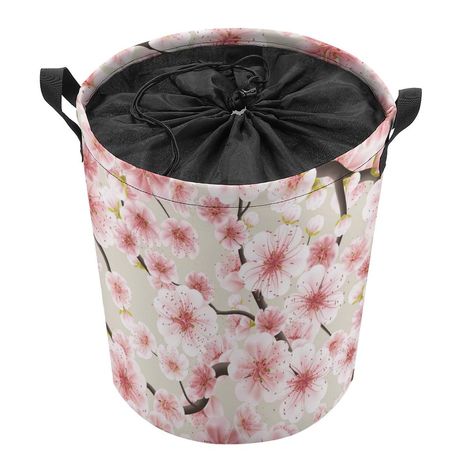 Seamless Japanese Pink White Cherry Blossom Flowers Drawstring Collapsible Waterproof Laundry Hamper, Oxford Cloth Washing Basket Bin Storage Bucket with Handles for Toys Clothes