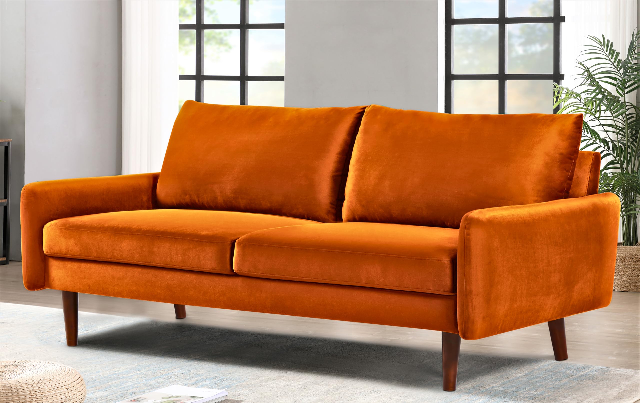 US Pride Furniture Kent Modern Velvet Sofa, Comfortable 3 Seater Couch for Living Rooms and Small Spaces, Ideal Studio Apartment Furniture with Sleek Design, Orange