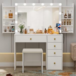 pakasept makeup vanity desk with lighted mirror and charging station, 39.4" white vanity table with 3 lighting colors, hidden sliding shelves, 5 drawers & stool, vanity set for bedroom